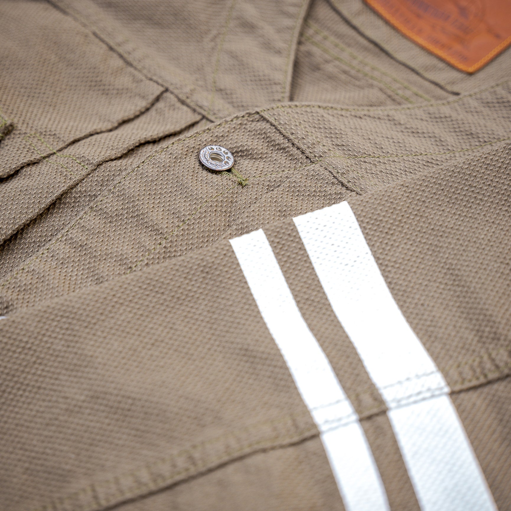 Momotaro Jeans Collarless Dobby Jacket – Olive / Going to Battle