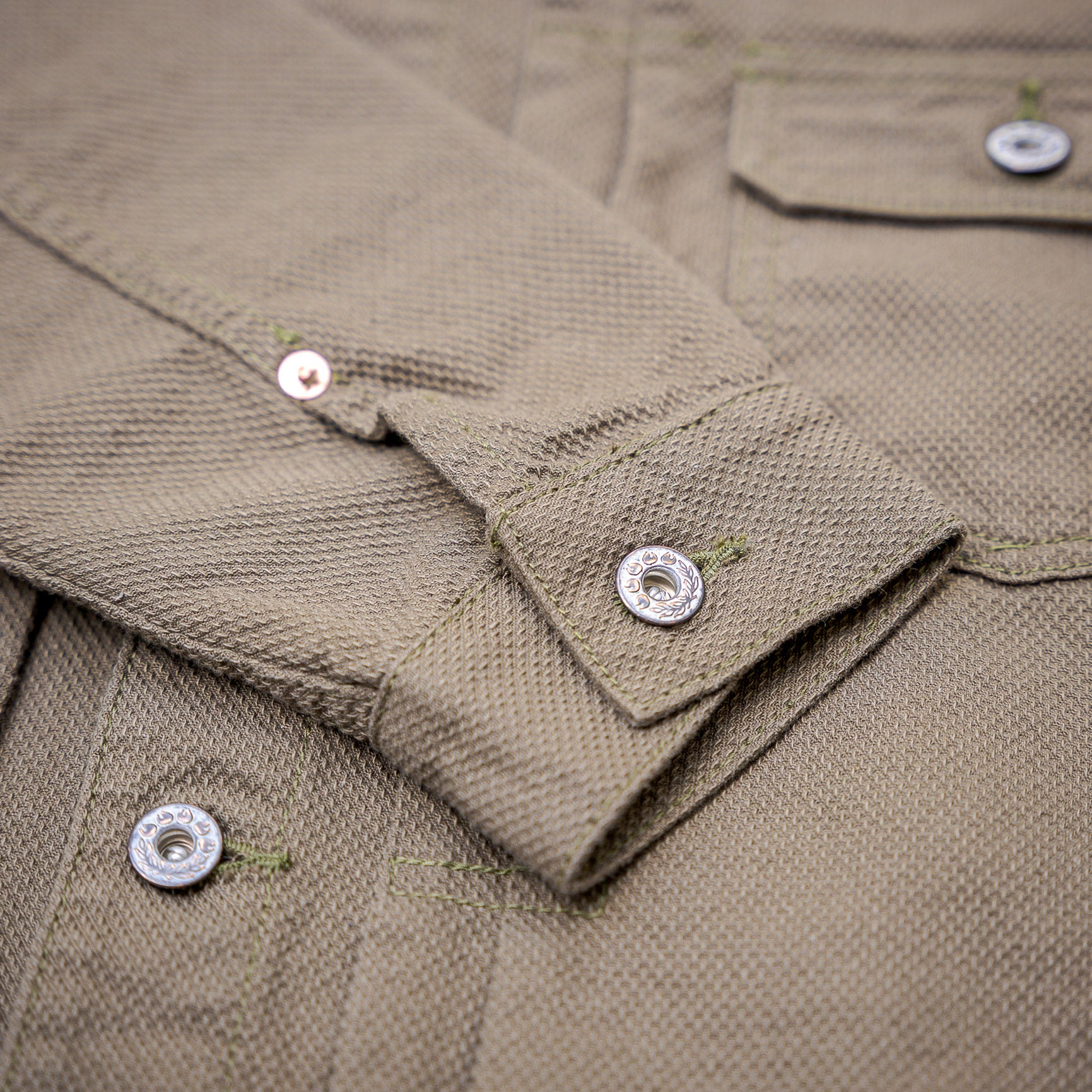 Momotaro Jeans Collarless Dobby Jacket – Olive / Going to Battle