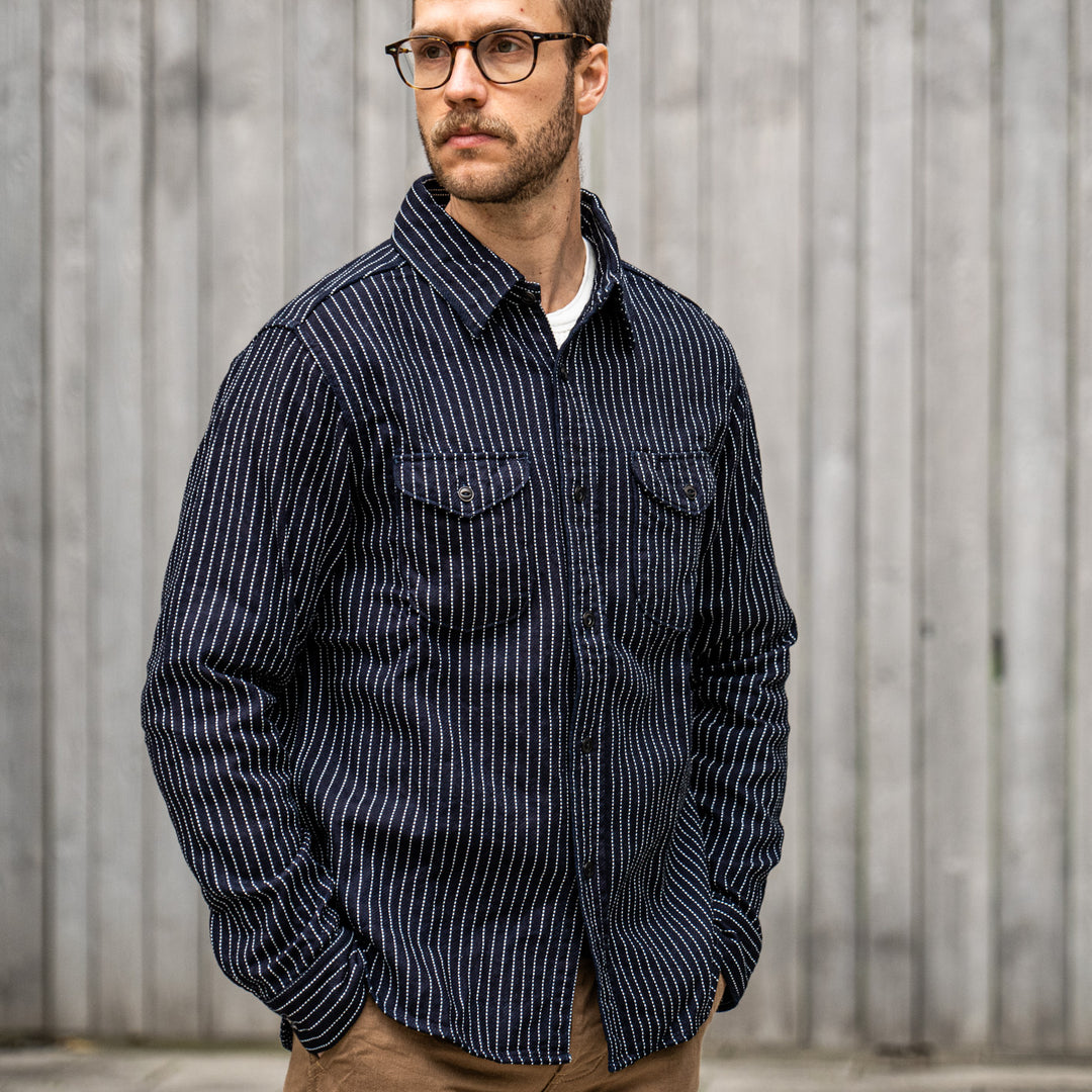 UES 14.5oz Heavy Selvedge Flannel Shirt - Indigo Stripe